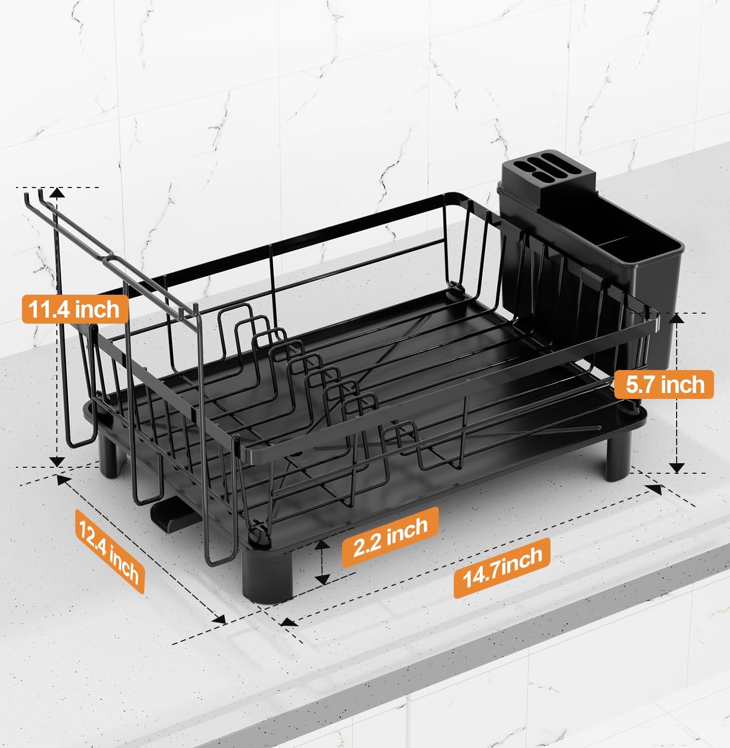 IceFun Dish Drying Rack,Kitchen Dish Rack with Auto-Drain, 3-Slot Cutlery Holder, Wine Goblet Holder,Cutting Board Holder, and 360° Rotating Spout.Dish Racks for Kitchen Counter,12''W x 15''L,Black