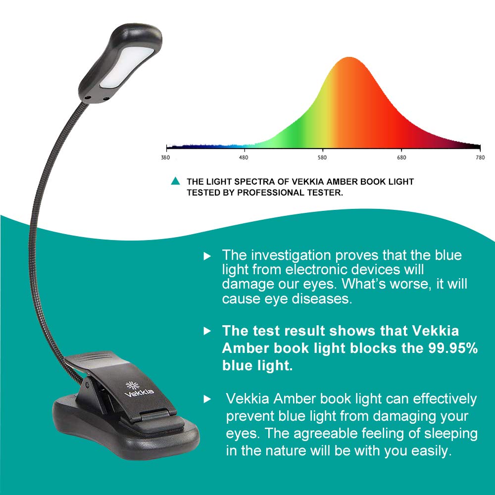 Vekkia Amber Rechargeable 7 Led Eye-Care Book Light,Blue Light Blocking Reading Light,3 Levels,1600K for Strain-Free, Healthy Eyes.Up to 70 Hours Reading for Bookworms.