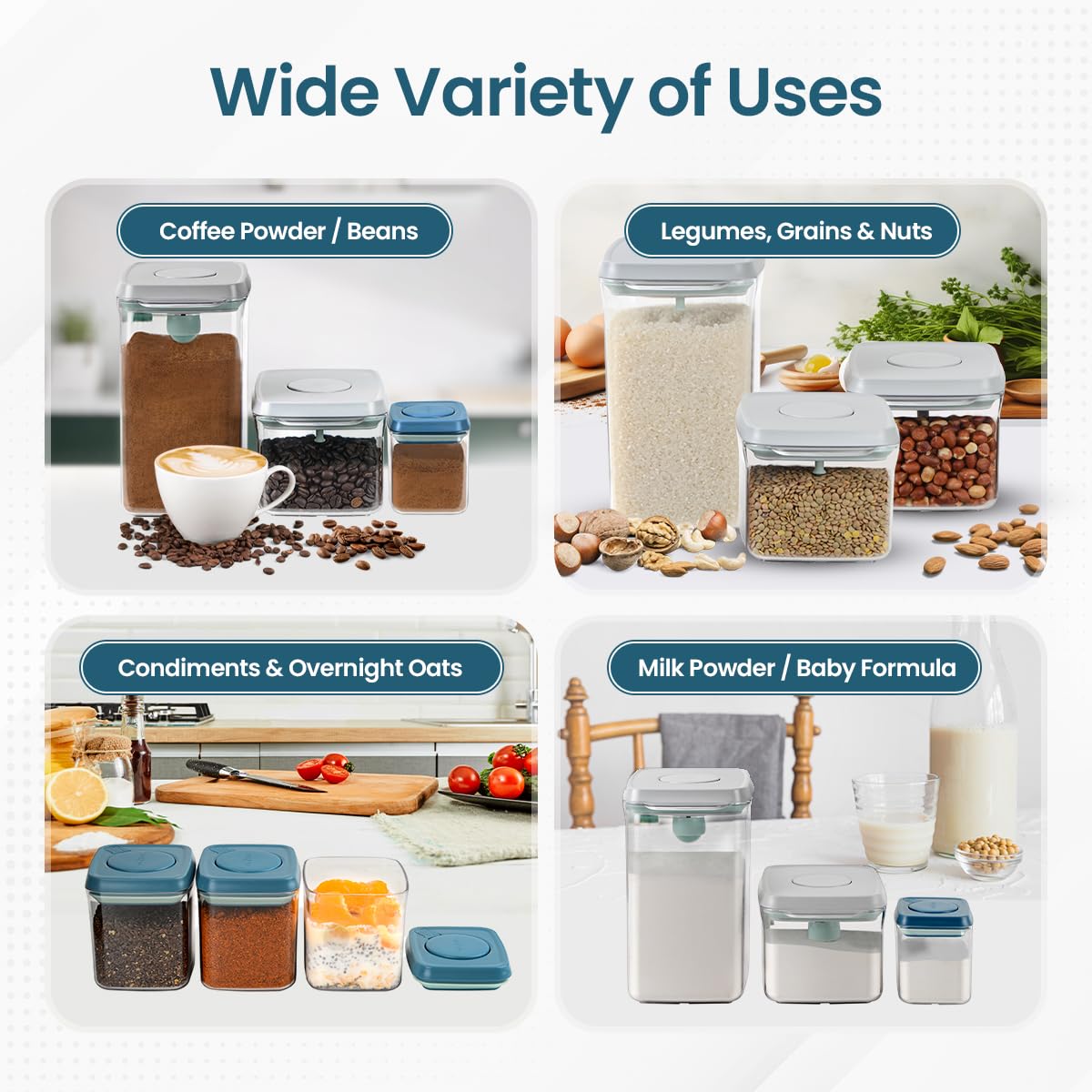 baiqiusi Airtight Food Storage Pop Containers 5Pcs Set - Leakproof, 100% Food Grade Silicone, BPA Free with 2.43qt*1, 1.05qt*2, 0.34qt*2, Plus Holder, Scoop, Scraper (5 Pcs Set, 5.21 Quarts)