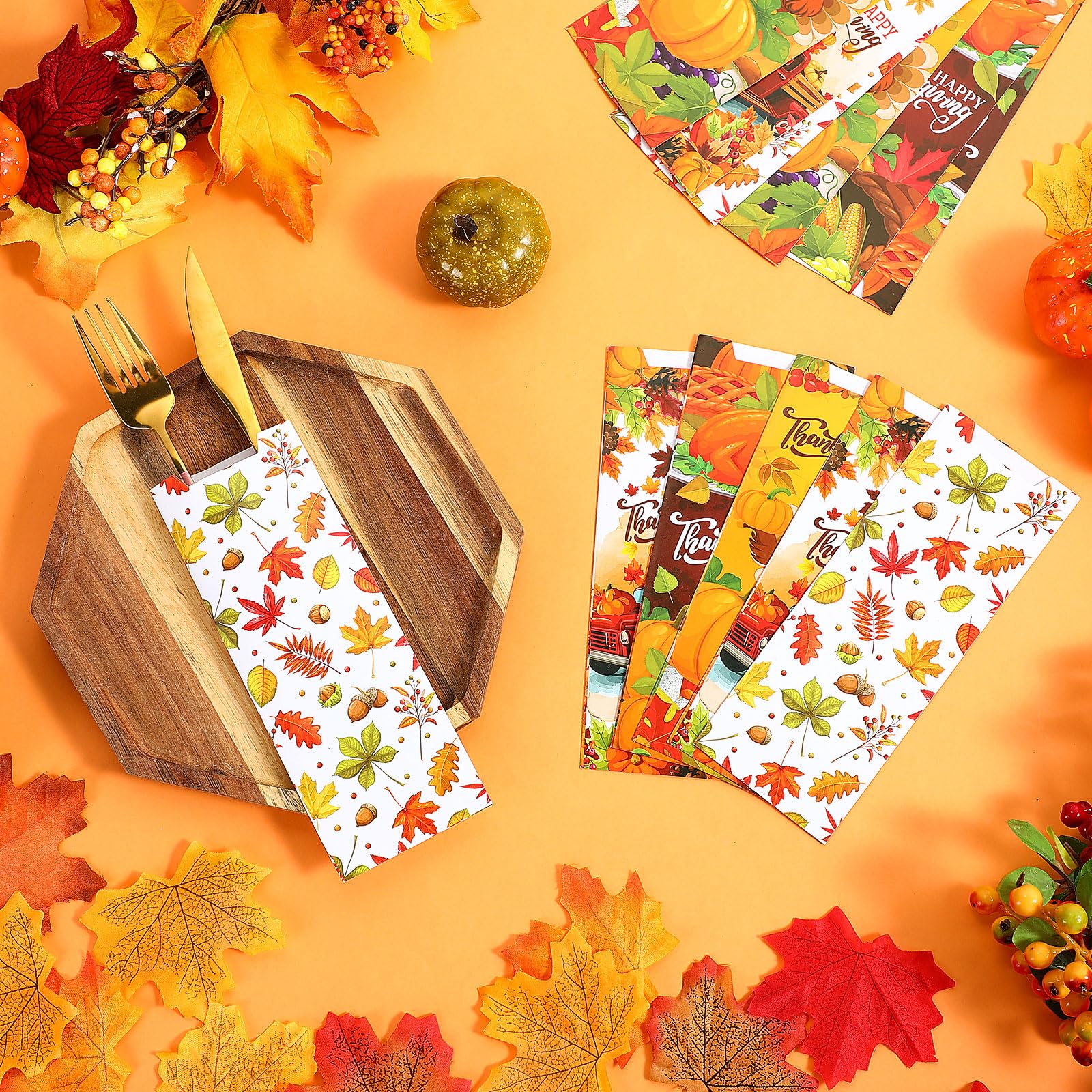 Containlol 100 Pack Fall Thanksgiving Silverware Bags Disposable Thankful Kraft Paper Cutlery Bags Autumn Utensil Holders Rustic Kitchen Decor Table Decorations for Harvest Party Supplies