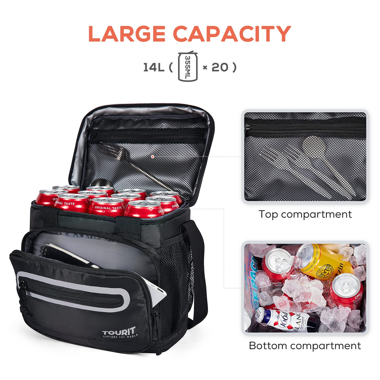 TOURIT Large Lunch Bag 14L Insulated Lunch Box Lunch Cooler for Men Work, School, Black