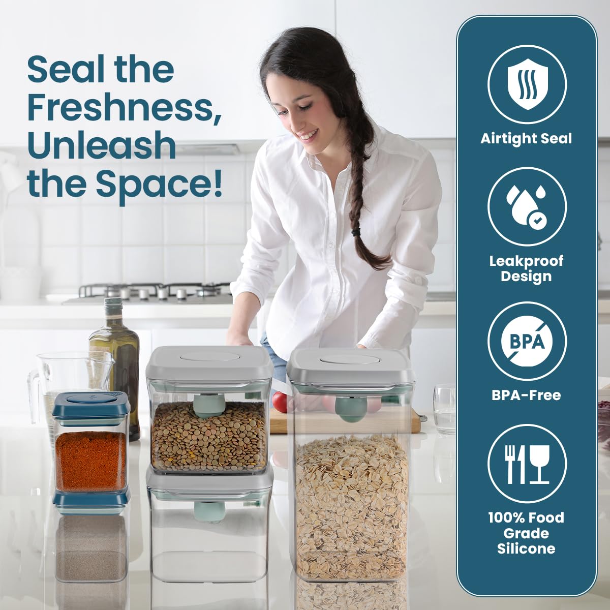 baiqiusi Airtight Food Storage Pop Containers 5Pcs Set - Leakproof, 100% Food Grade Silicone, BPA Free with 2.43qt*1, 1.05qt*2, 0.34qt*2, Plus Holder, Scoop, Scraper (5 Pcs Set, 5.21 Quarts)