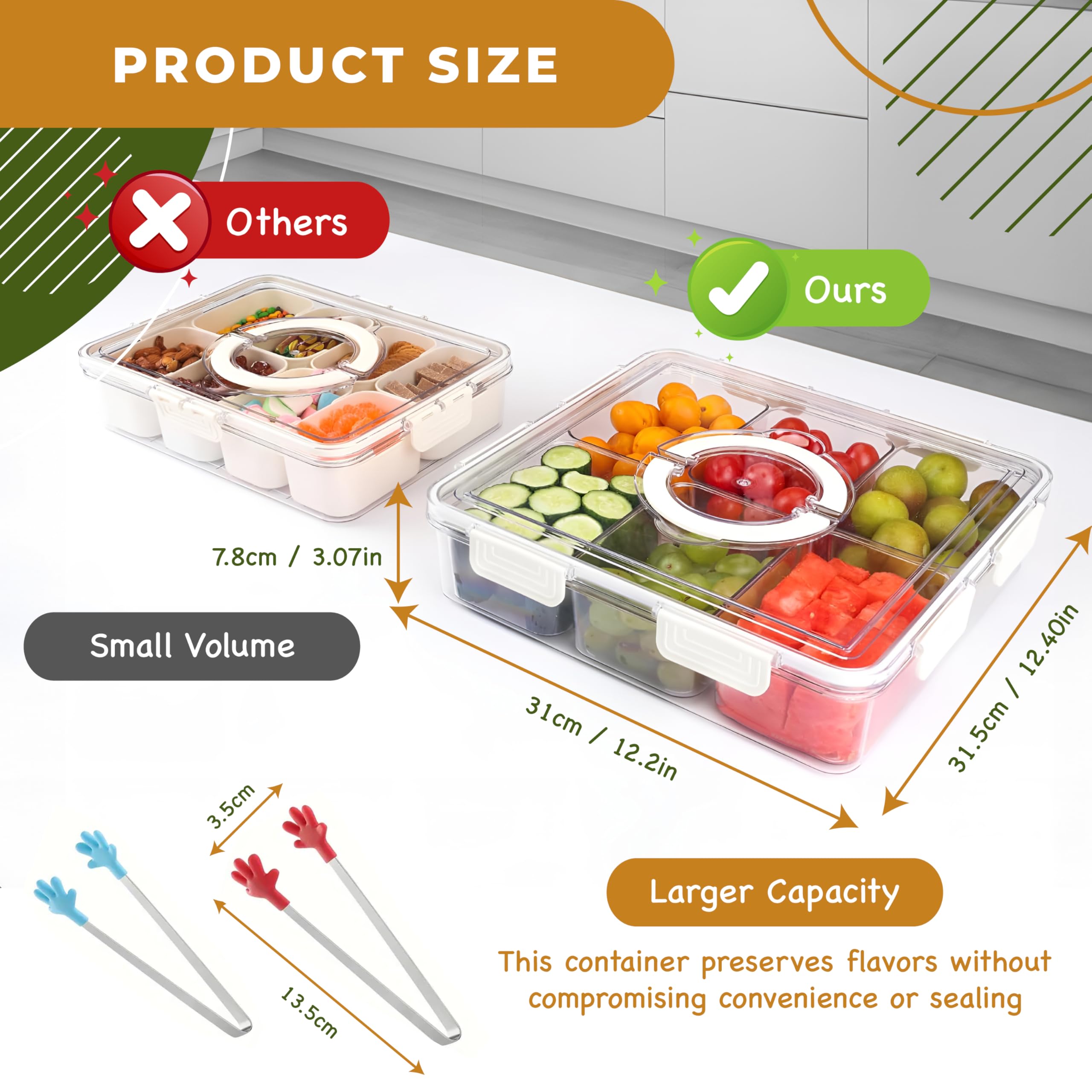 MUGA LARGE Divided Serving Tray with Lid & Handle- 6 Compartment Removable Snackle Box Charcuterie Container with 2 Silicone Tong, BPA-Free Fruit Storage Container.