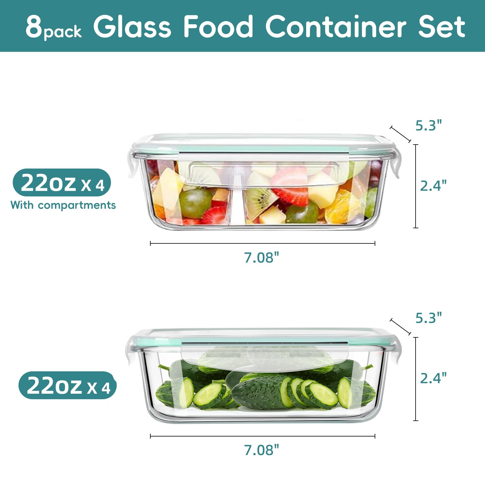 ECO-TOGO Airtight Glass Food Storage Containers with Lids, Glass Lunch Box, Leak-proof, BPA-Free, Microwave, Oven, Freezer, Dishwasher (8-Pack)