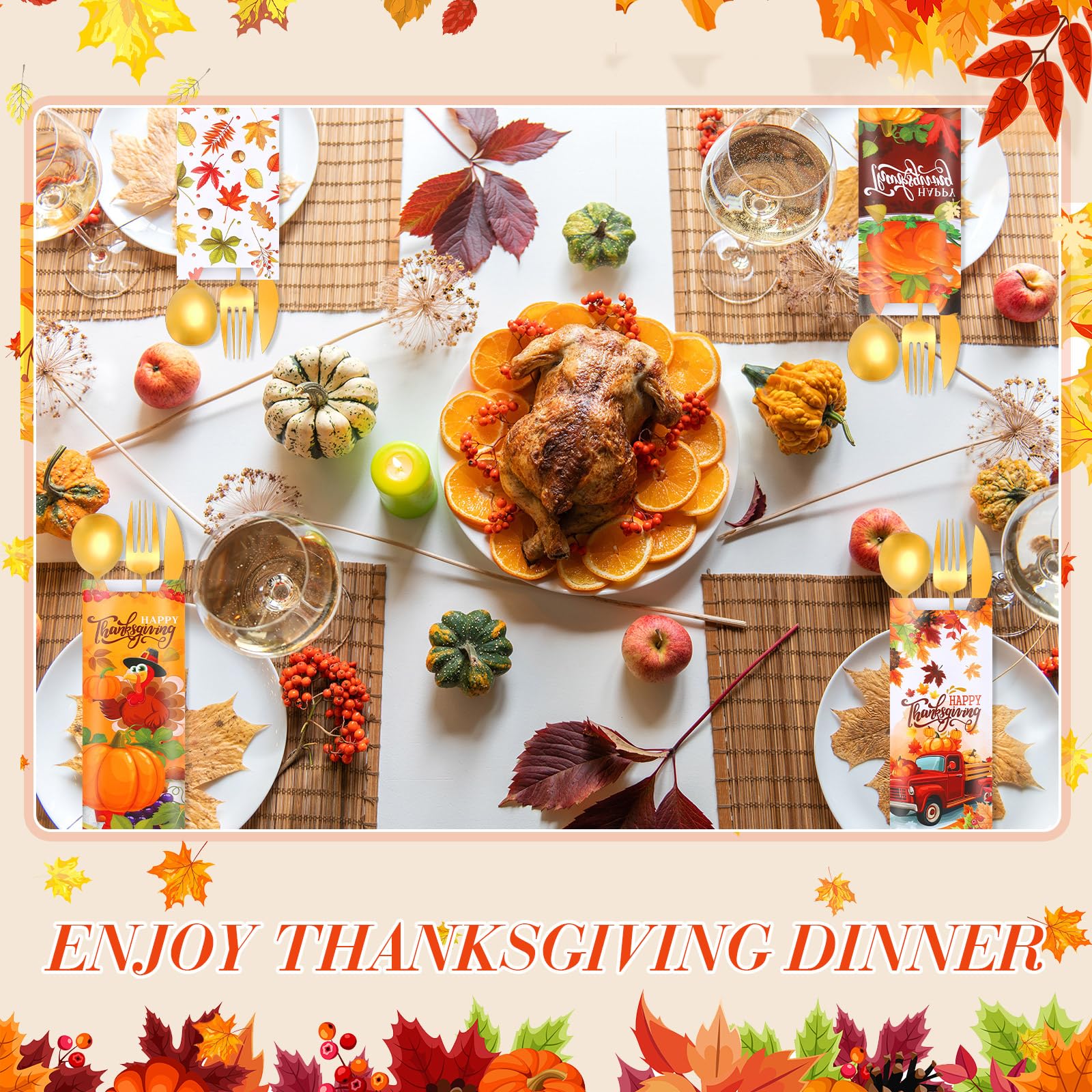 Containlol 100 Pack Fall Thanksgiving Silverware Bags Disposable Thankful Kraft Paper Cutlery Bags Autumn Utensil Holders Rustic Kitchen Decor Table Decorations for Harvest Party Supplies