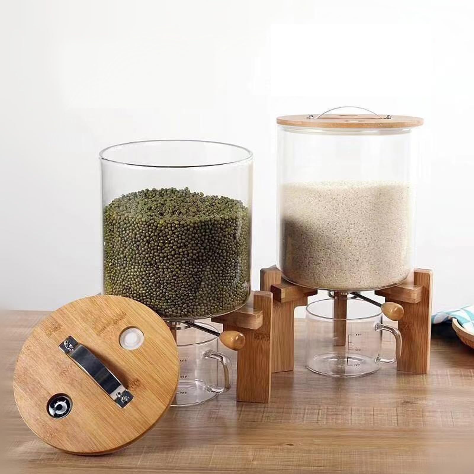 Rice Dispenser 5L, Grain Dispenser Glass Bucket, Cereal Dispenser Countertop for Kitchen and Pantry Organization, Large Rice Storge Container for Dry Food