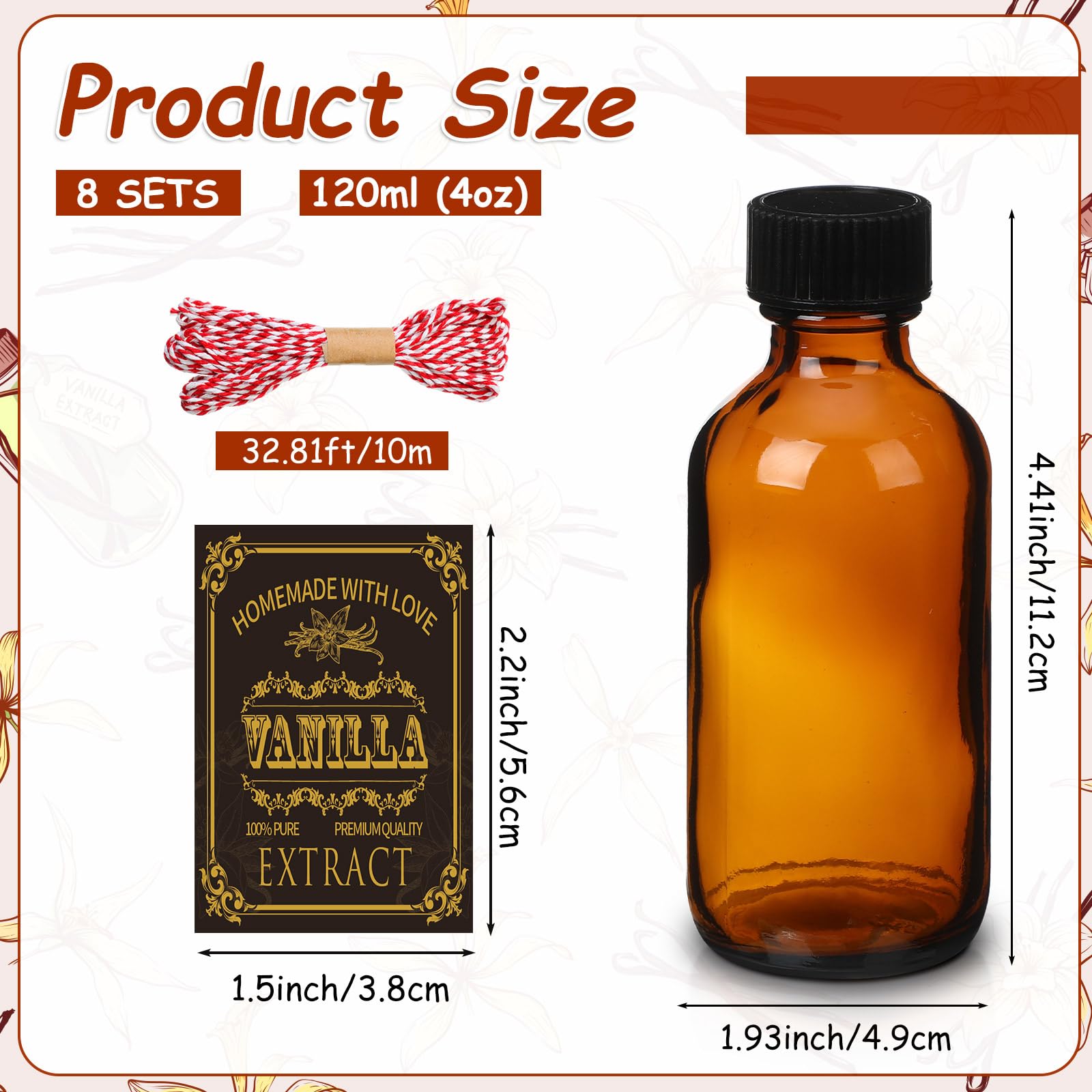 Uiifan 8 Pack Vanilla Extract Bottles with 8 Pcs Vanilla Extract Labels Stickers and Hemp Rope Amber Boston Round Bottles Empty Glass Jars with Lids for Syrup Gift Food Storage Sauce Beans(4 oz)