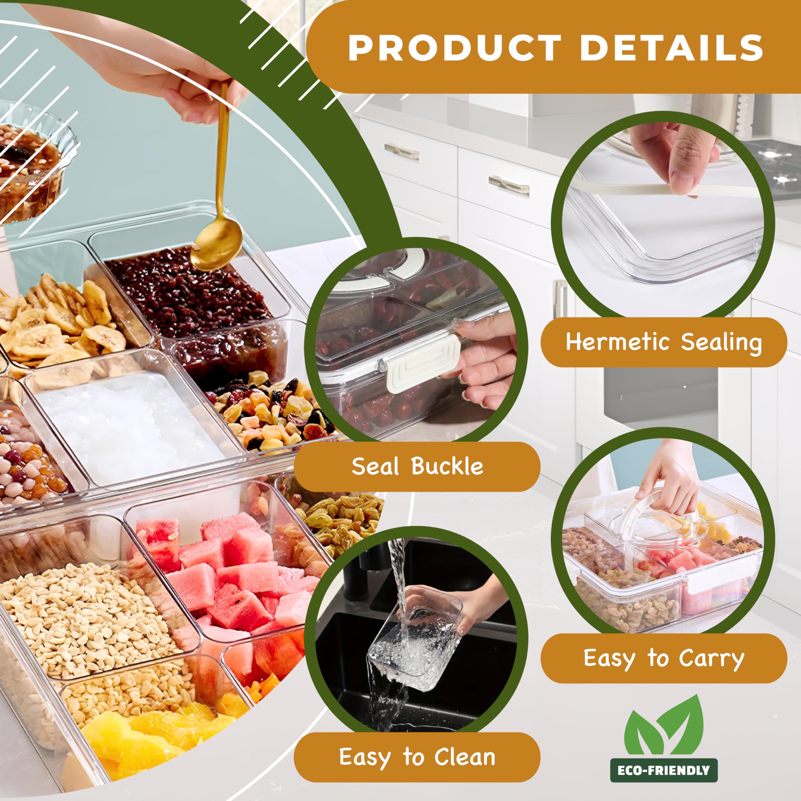 MUGA LARGE Divided Serving Tray with Lid & Handle- 6 Compartment Removable Snackle Box Charcuterie Container with 2 Silicone Tong, BPA-Free Fruit Storage Container.