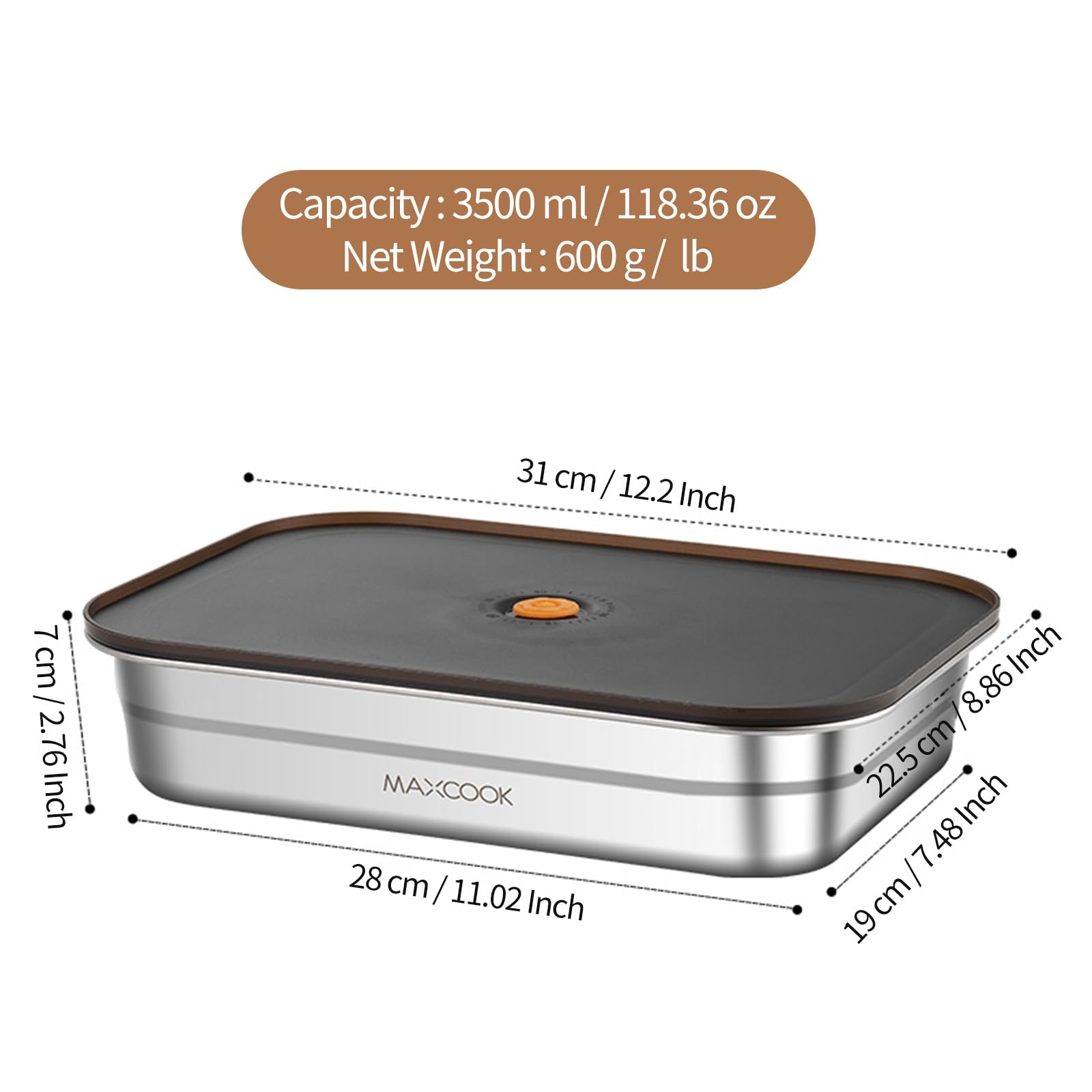MAXCOOK Large Stainless Steel Food Containers With Lids, 118 oz Food Storage Container set, Leak Proof Metal Food Container Bento Box, Snack Container Set with Lid (Dishwasher & Freezer Safe, 3500 ml)