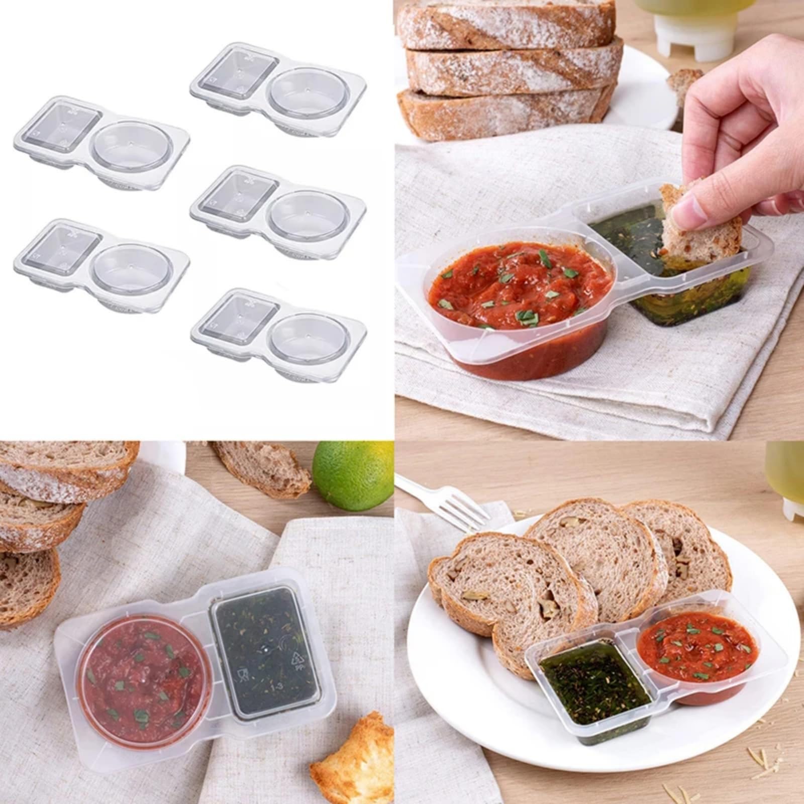 15 Pcs Double Compartment Condiment Container - 2 Compartment Snack Containers, Condiment Containers with Lids, Portable Reusable Sauce Container for Take away Sauces Dips and Travelling Snacks