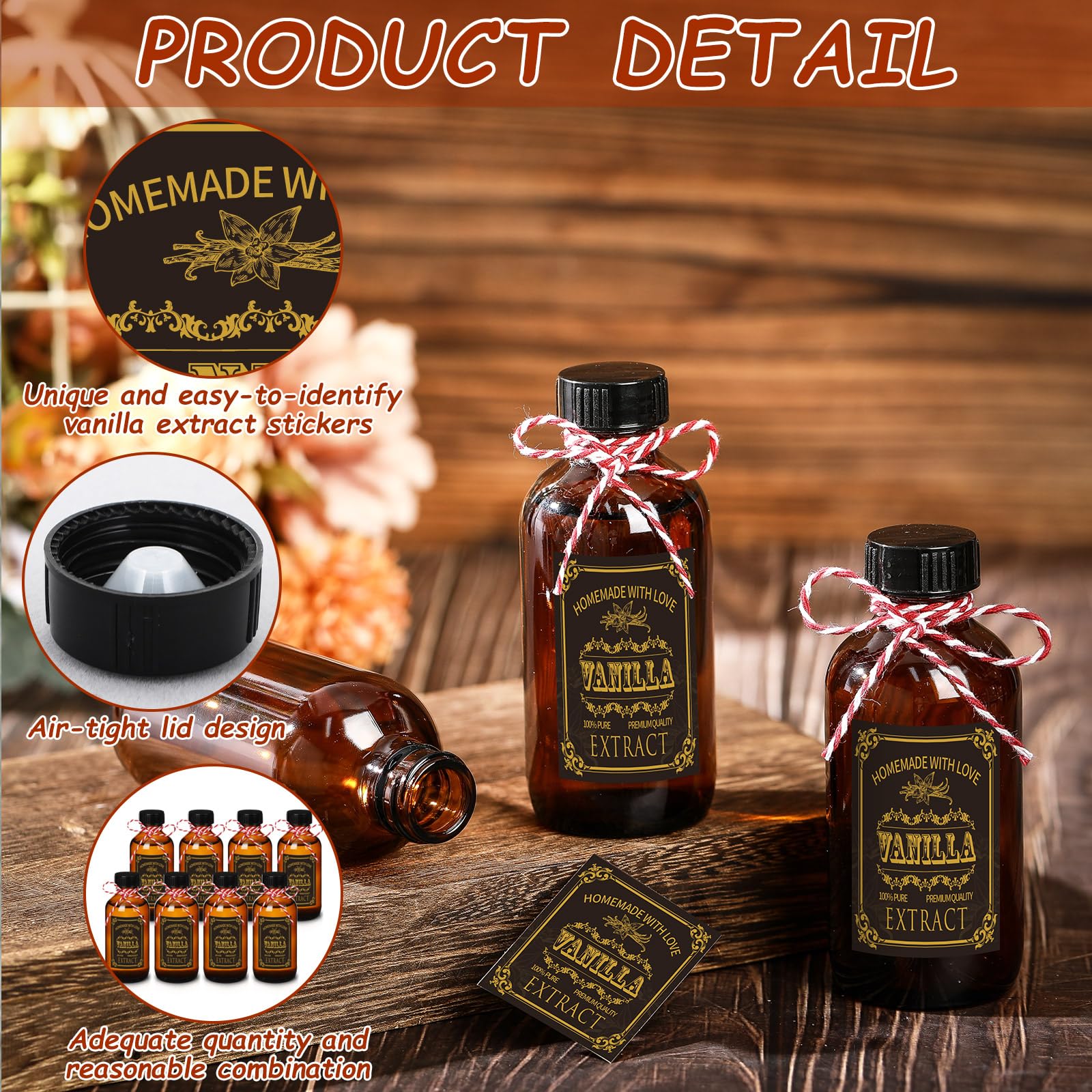 Uiifan 8 Pack Vanilla Extract Bottles with 8 Pcs Vanilla Extract Labels Stickers and Hemp Rope Amber Boston Round Bottles Empty Glass Jars with Lids for Syrup Gift Food Storage Sauce Beans(4 oz)