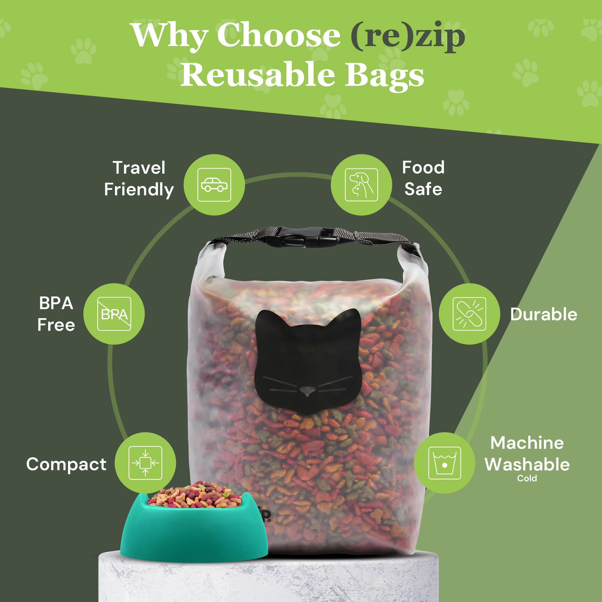 (re)zip Reusable Cat Pet Food Storage Bag | 14-Cup Capacity | Airtight Roll-Top Closure | Durable, BPA-Free PEVA | Translucent & Travel-Friendly | Keeps Kibble Fresh & Organized | Machine Washable