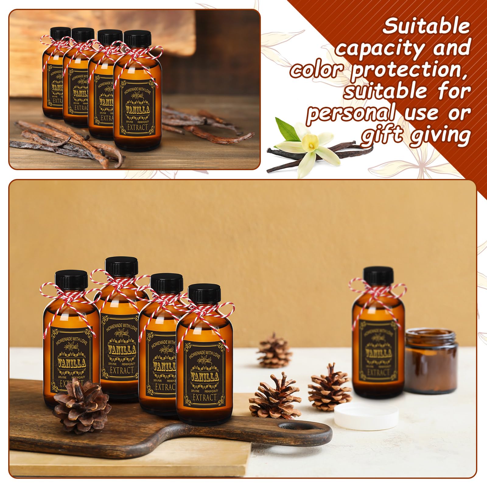Uiifan 8 Pack Vanilla Extract Bottles with 8 Pcs Vanilla Extract Labels Stickers and Hemp Rope Amber Boston Round Bottles Empty Glass Jars with Lids for Syrup Gift Food Storage Sauce Beans(4 oz)