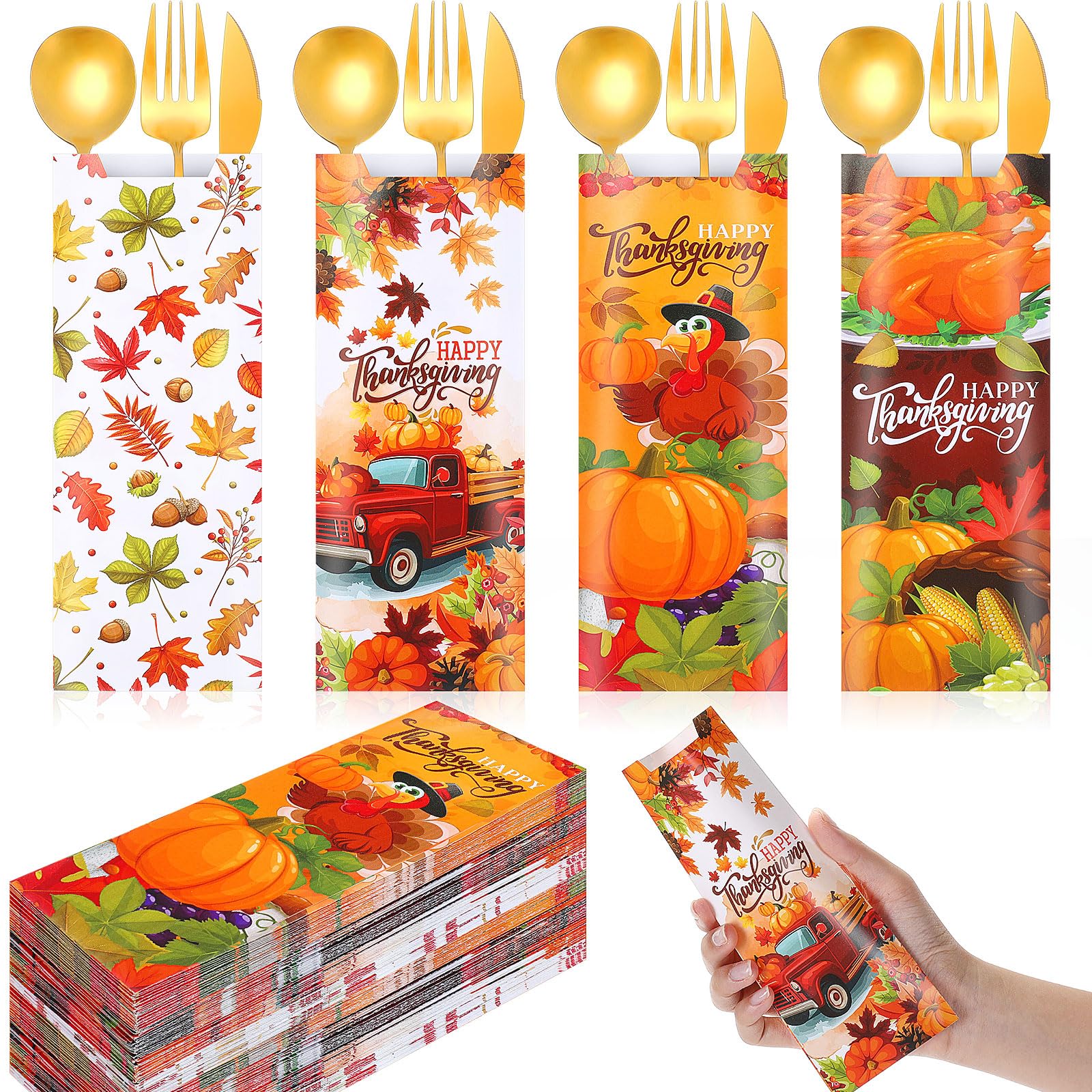 Containlol 100 Pack Fall Thanksgiving Silverware Bags Disposable Thankful Kraft Paper Cutlery Bags Autumn Utensil Holders Rustic Kitchen Decor Table Decorations for Harvest Party Supplies
