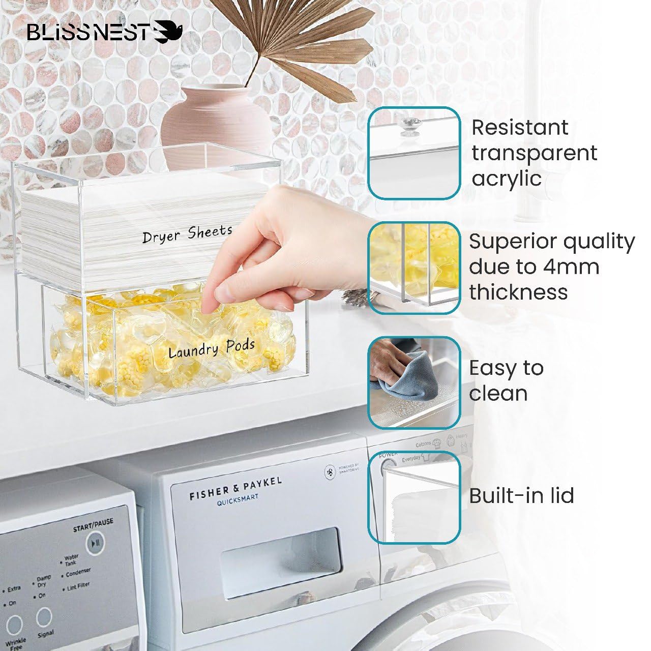BLiSSNEST - Laundry Pods Container - Laundry Organizer - Laundry Room Organization - Acrylic Containers - Dryer Sheet Holder - Dryer Sheet Container - Laundry Detergent Organizer - Laundry Pod Holder