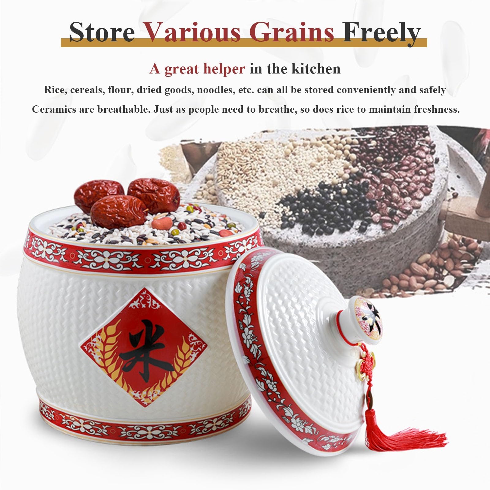 Ceramic Rice Jar With Lid Traditional Chinese Style Food Storage Jars Classic Food Dispensers Ceramic Household Rice Storage Box With Lid Suitable For Cereal, Flour, Sugar, Coffee, Rice(C-30*30*35cm)
