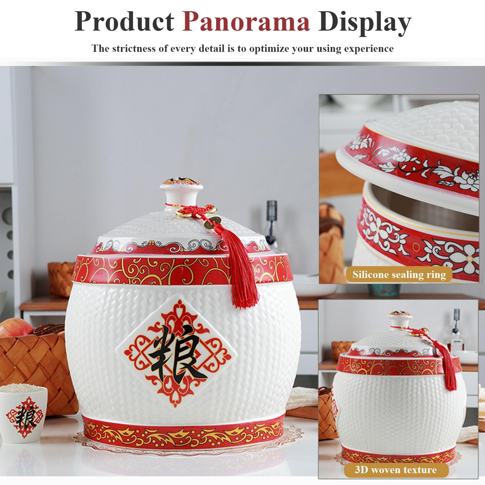 Ceramic Rice Jar With Lid Traditional Chinese Style Food Storage Jars Classic Food Dispensers Ceramic Household Rice Storage Box With Lid Suitable For Cereal, Flour, Sugar, Coffee, Rice(C-30*30*35cm)