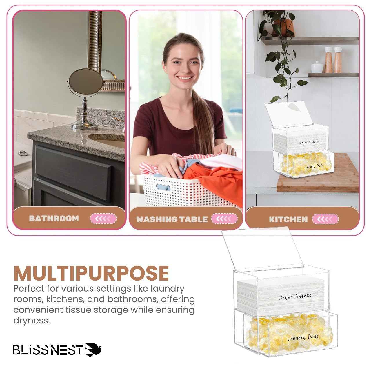 BLiSSNEST - Laundry Pods Container - Laundry Organizer - Laundry Room Organization - Acrylic Containers - Dryer Sheet Holder - Dryer Sheet Container - Laundry Detergent Organizer - Laundry Pod Holder