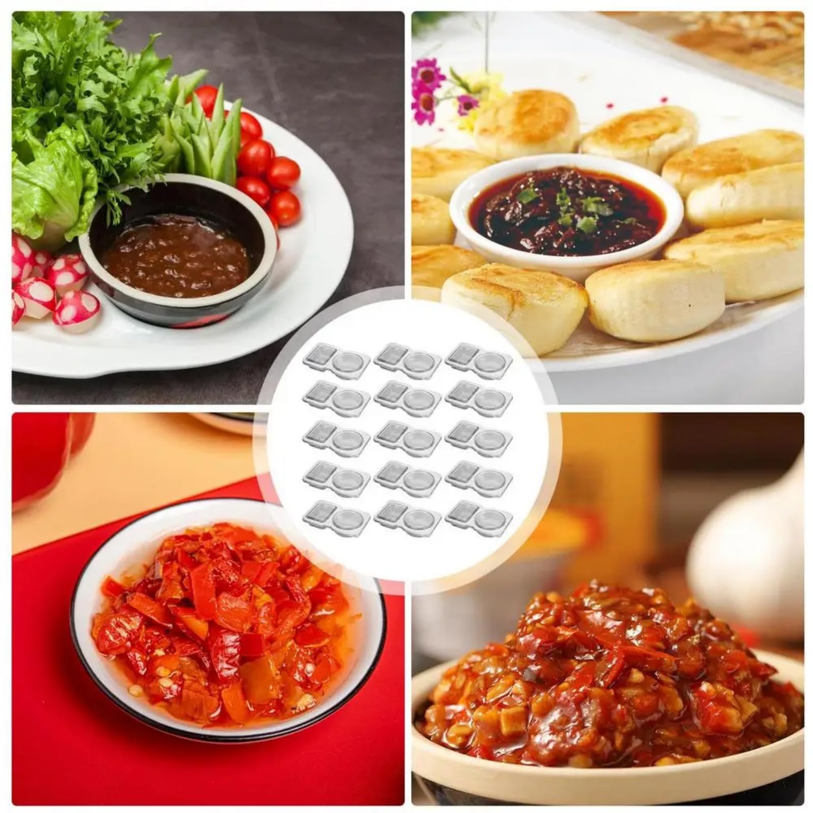 15 Pcs Double Compartment Condiment Container - 2 Compartment Snack Containers, Condiment Containers with Lids, Portable Reusable Sauce Container for Take away Sauces Dips and Travelling Snacks