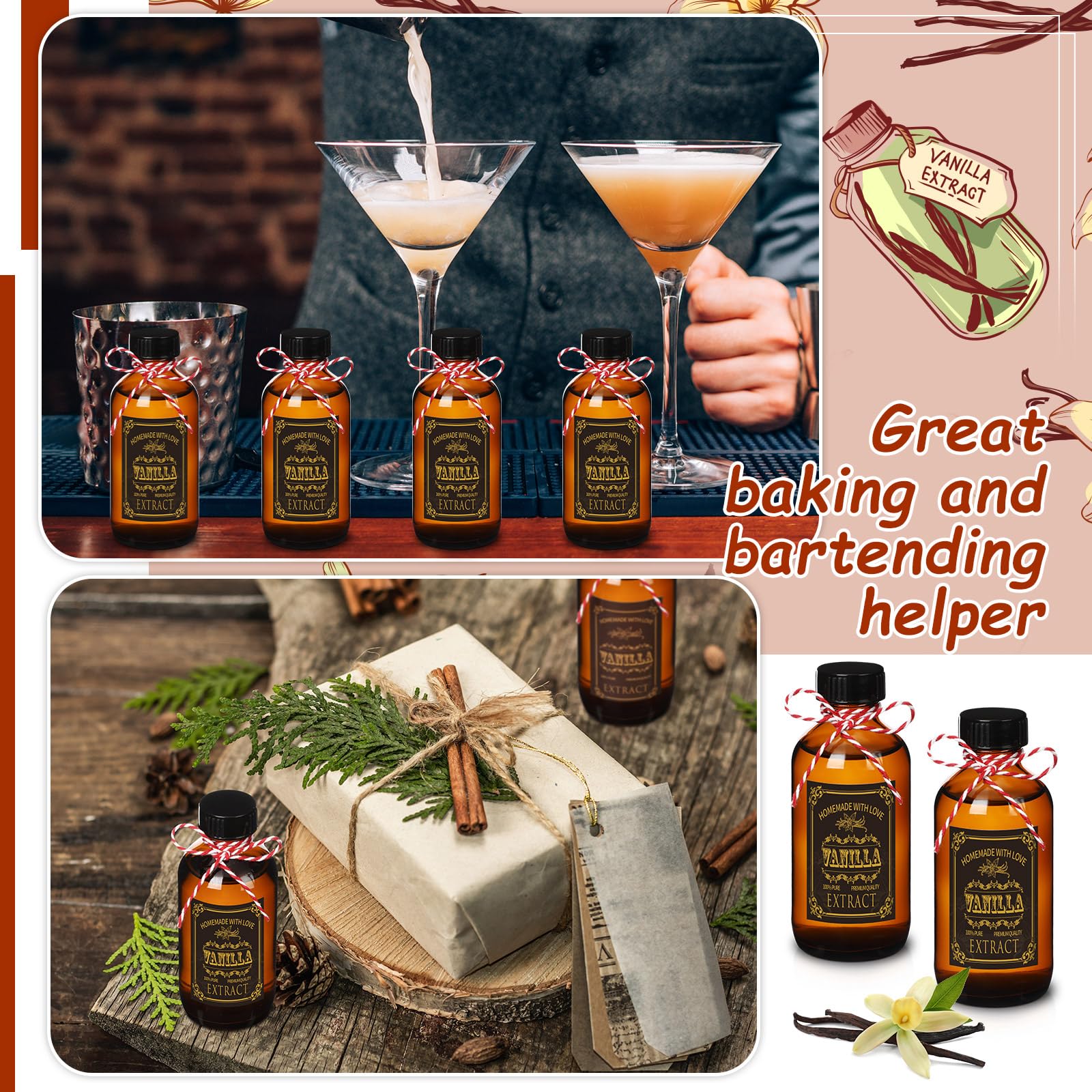 Uiifan 8 Pack Vanilla Extract Bottles with 8 Pcs Vanilla Extract Labels Stickers and Hemp Rope Amber Boston Round Bottles Empty Glass Jars with Lids for Syrup Gift Food Storage Sauce Beans(4 oz)