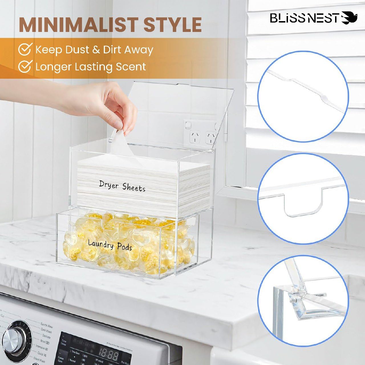 BLiSSNEST - Laundry Pods Container - Laundry Organizer - Laundry Room Organization - Acrylic Containers - Dryer Sheet Holder - Dryer Sheet Container - Laundry Detergent Organizer - Laundry Pod Holder