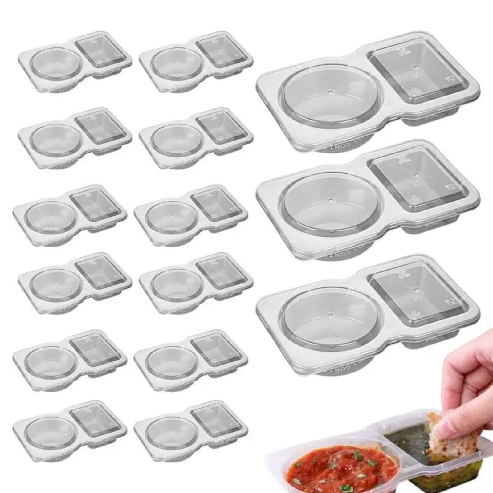 15 Pcs Double Compartment Condiment Container - 2 Compartment Snack Containers, Condiment Containers with Lids, Portable Reusable Sauce Container for Take away Sauces Dips and Travelling Snacks