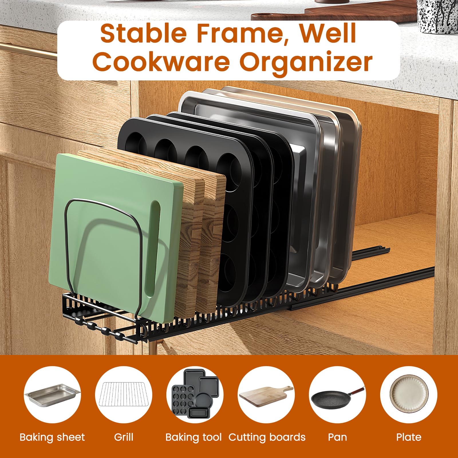 Housolution 1 Pack Pull Out Baking Tray and Cookie Sheet Organizer, Slide Out Cutting Board Organizer Rack with 10 Adjustable Dividers, Sliding Bakeware Muffin Tin Storage Organizer for Cabinet