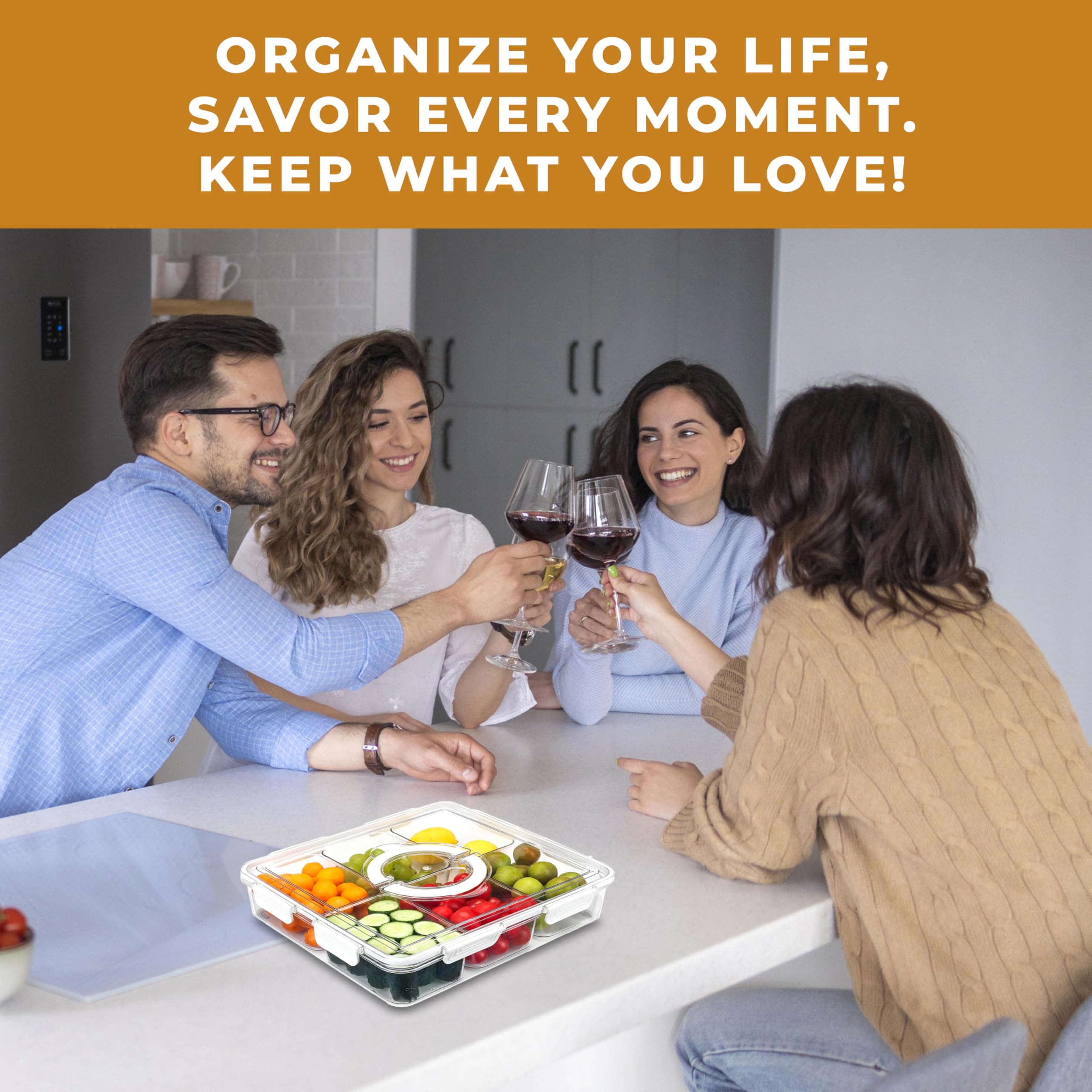 MUGA LARGE Divided Serving Tray with Lid & Handle- 6 Compartment Removable Snackle Box Charcuterie Container with 2 Silicone Tong, BPA-Free Fruit Storage Container.