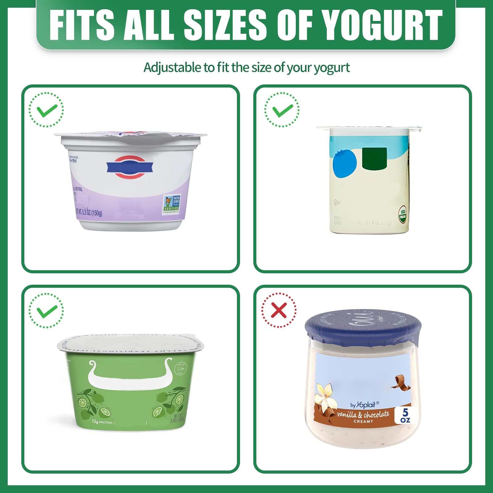 4 Pack Yogurt Organizer for Fridge, Yogurt Fridge Holder, Yogurt Holder with Adhesive Tapes for 3.75 Inch Yogurt, Yogurt Holder Tapes for Greek and Vegan Yogurt
