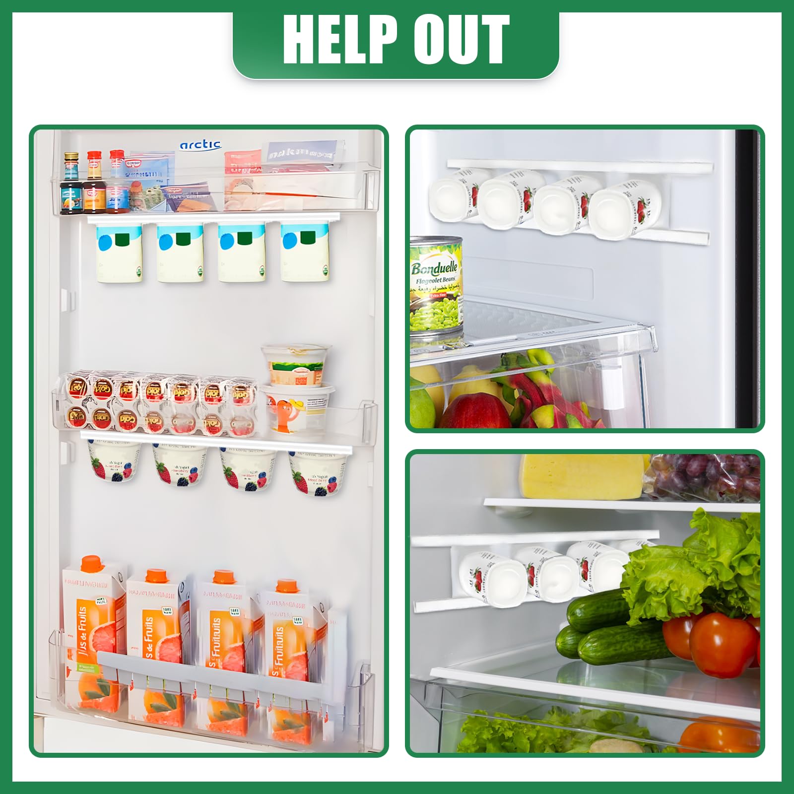 4 Pack Yogurt Organizer for Fridge, Yogurt Fridge Holder, Yogurt Holder with Adhesive Tapes for 3.75 Inch Yogurt, Yogurt Holder Tapes for Greek and Vegan Yogurt