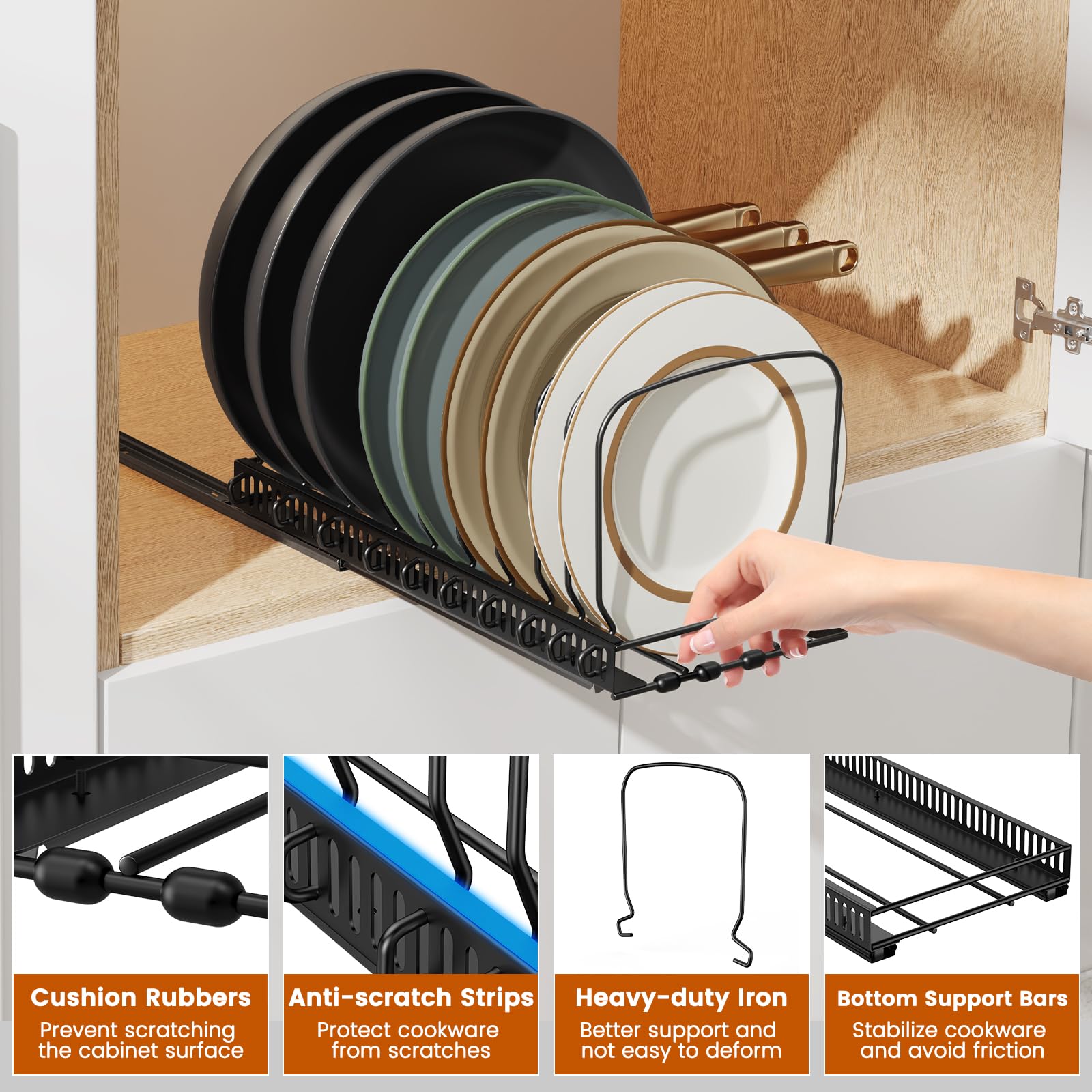 Housolution 1 Pack Pull Out Baking Tray and Cookie Sheet Organizer, Slide Out Cutting Board Organizer Rack with 10 Adjustable Dividers, Sliding Bakeware Muffin Tin Storage Organizer for Cabinet