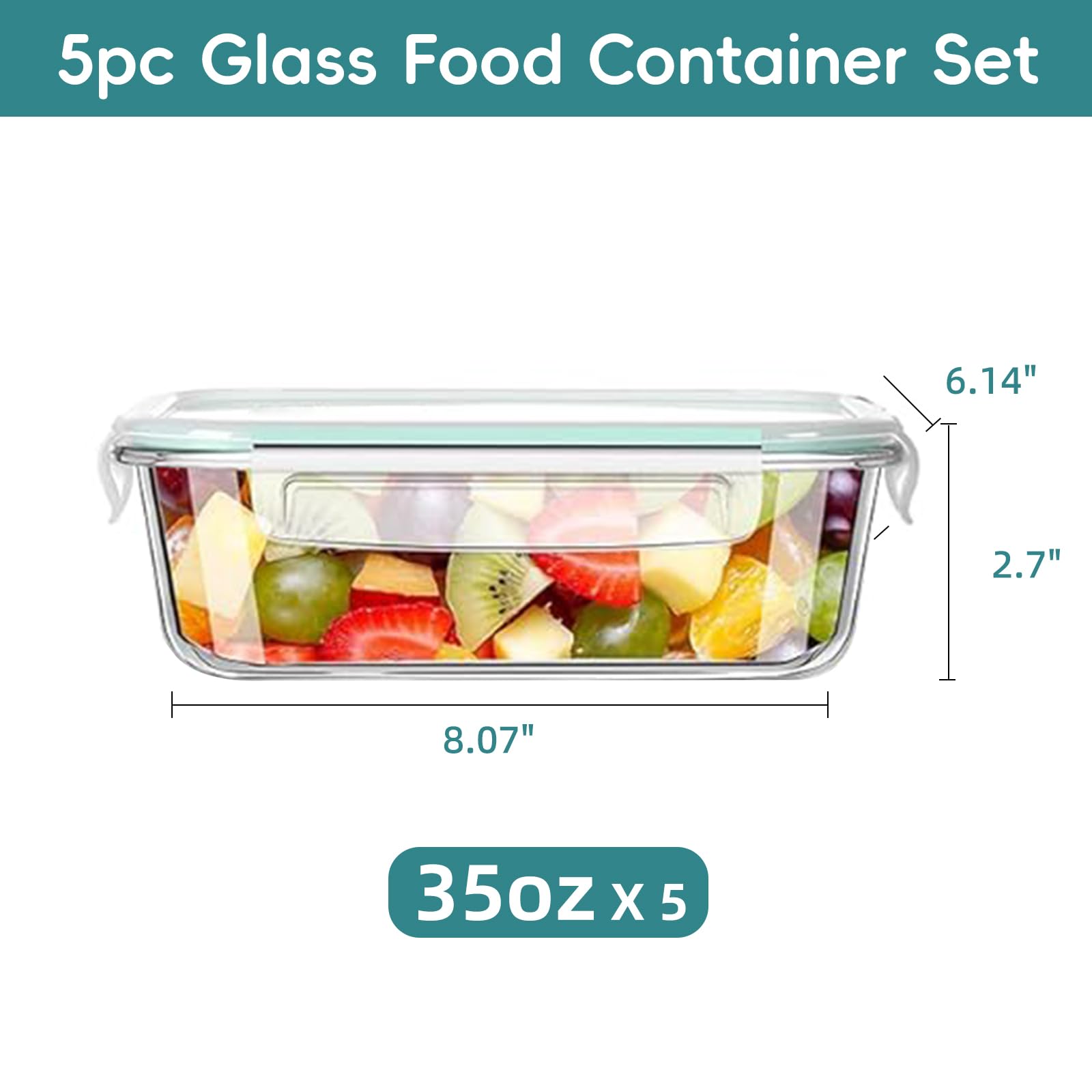 ECO-TOGO Airtight Glass Food Storage Containers with Lids, Glass Lunch Box, Leak-proof, BPA-Free, Microwave, Oven, Freezer, Dishwasher (5-Pack 175oz)