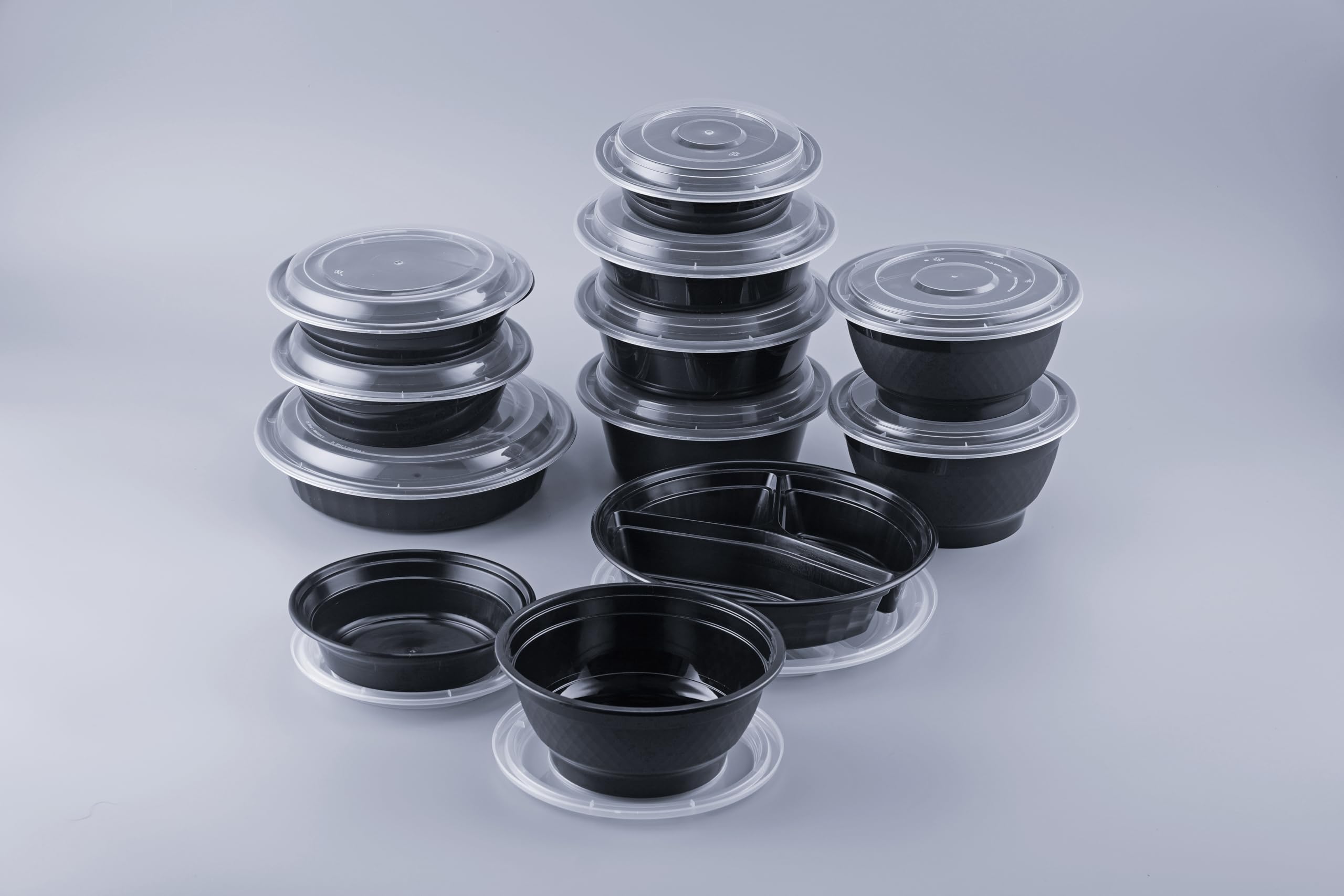 Meal Prep Round Containers -Heavy Duty Food Storage Containers w/Lids Plastic Bento Box Reusable BPA Free Lunch Boxes Disposable, Microwave Dishwasher Freezer Safe (Black - 40OZ, 50 Pack)