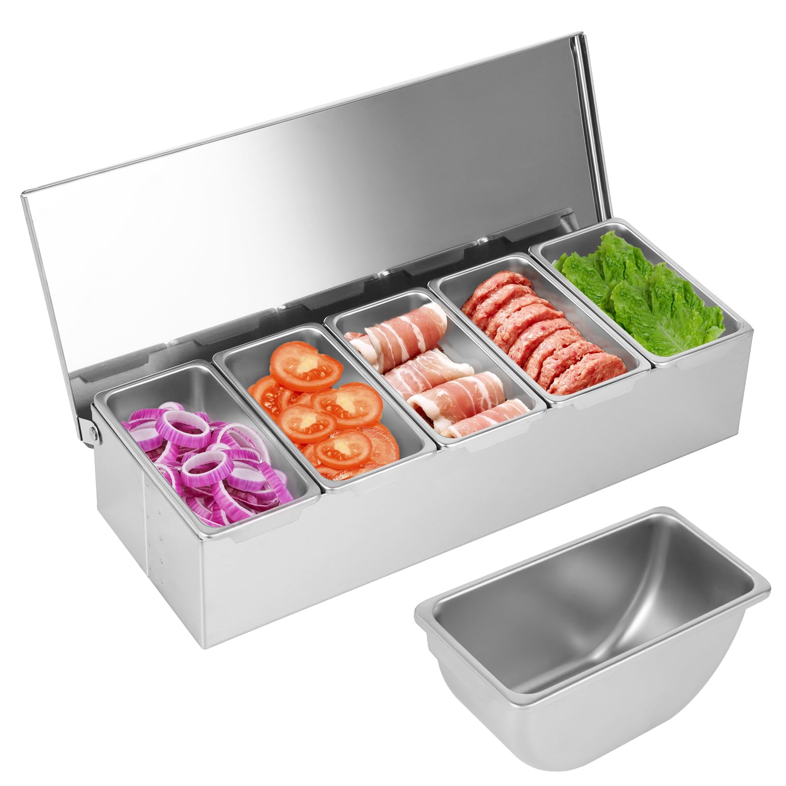 AshKiz Pizza Topping Station, Stainless Steel Pizza Topping Station with 5 Removable Containers for Salad Bar and Nacho Bar and Grill Table