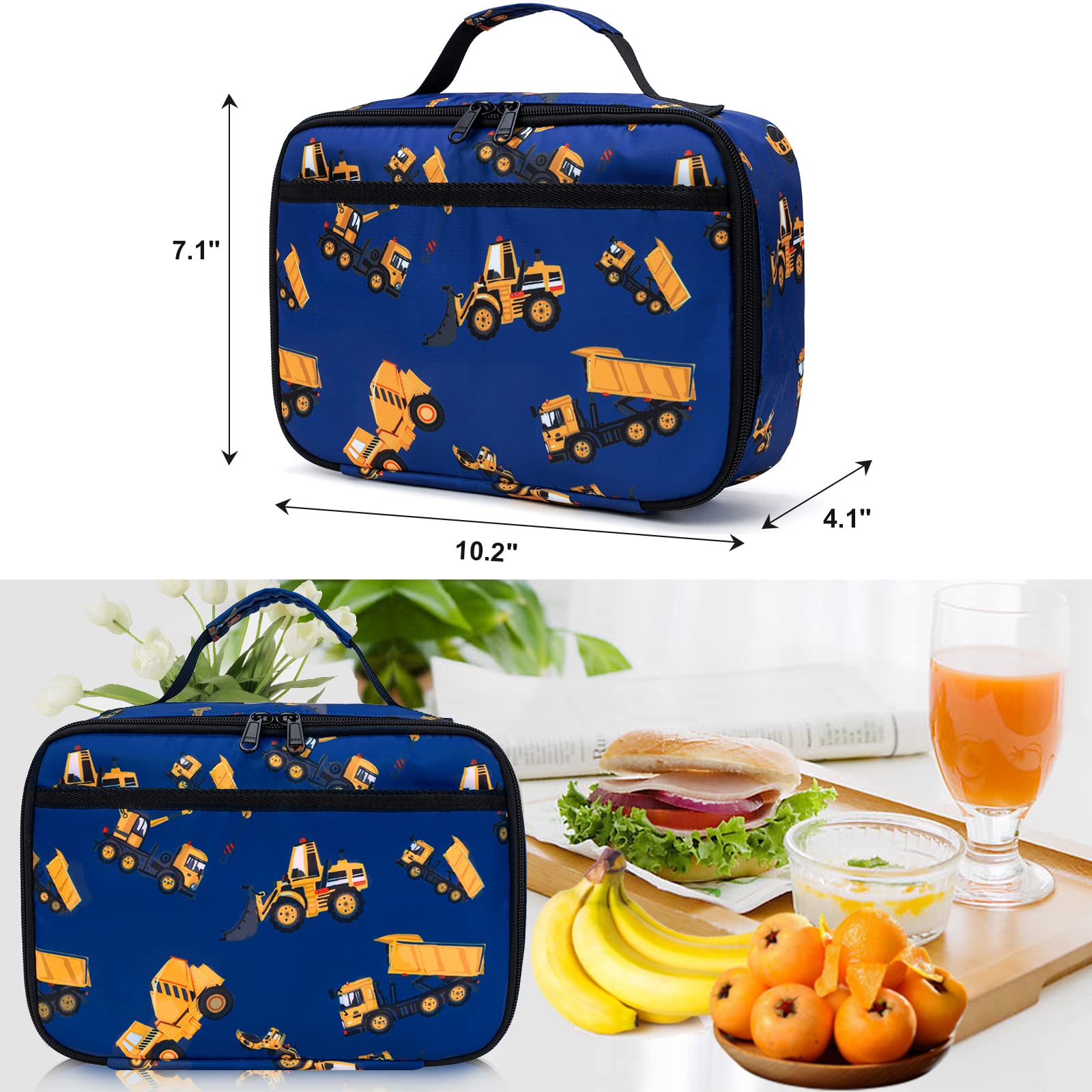 Lunch Box Kids Boys Insulated Lunch Cooler Bag Reusable Lunch Tote Kit for School Travel (Engineering Car Blue)