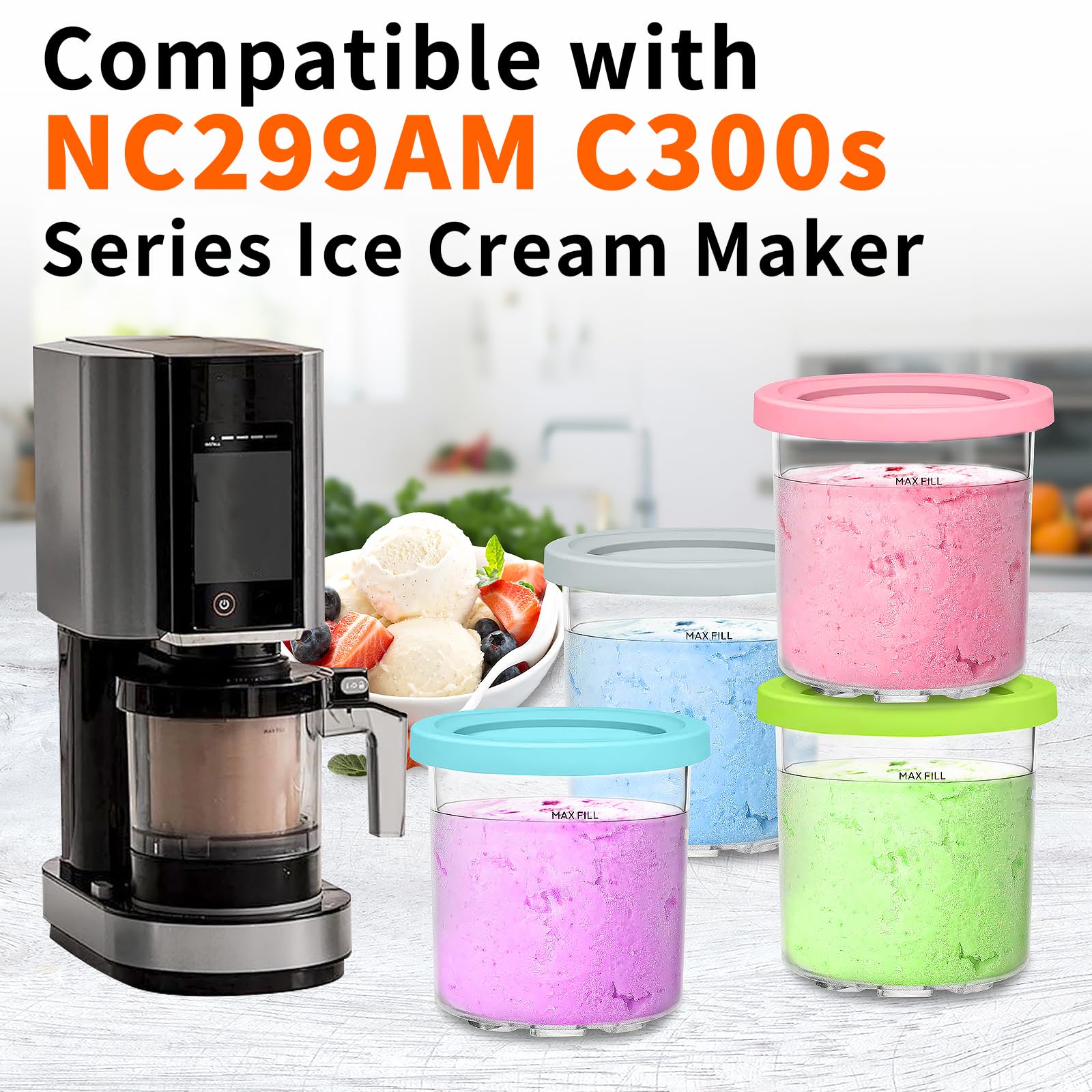 4 Pack Creami Pints and Lids for Ninja, Ice Cream Containers Compatible with Ninja Creami NC299AM C300s Series Ice Cream Maker, Replacement Pints Containers and Lids, BPA-Free & Dishwasher Safe