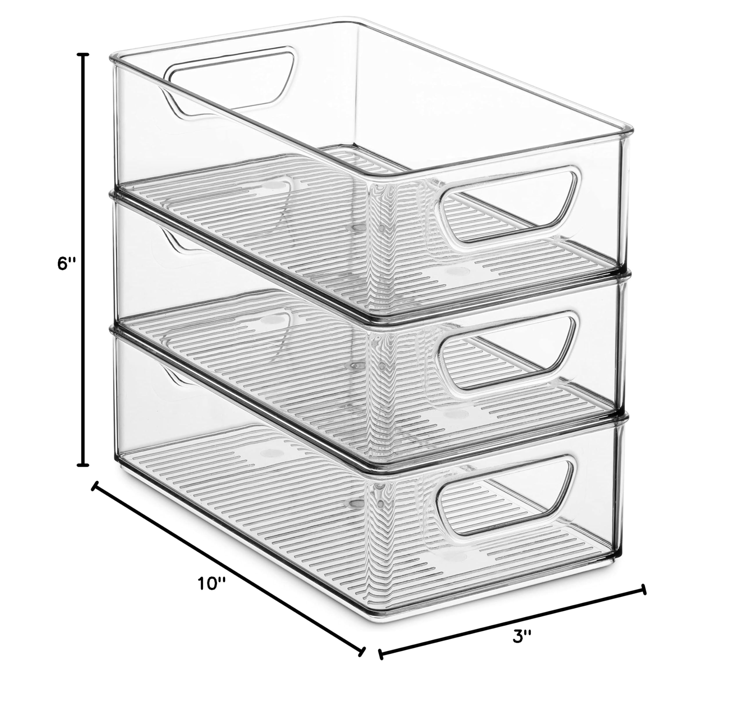 Set Of 6 Refrigerator Organizer Bins - Stackable Fridge Organizers with Cutout Handles for Freezer, Kitchen, Countertops, Cabinets - Clear Plastic Pantry Food Storage Rack