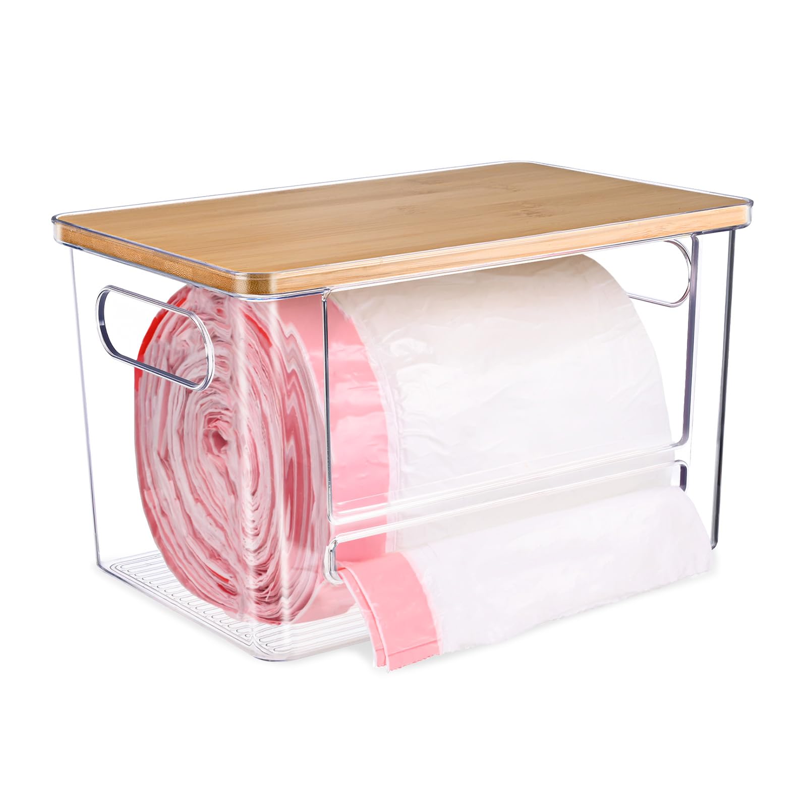 Hiitytin Trash Bag Dispenser Roll Holder, Trash Bag Holder Dispenser with Bamboo Top & Handles, Extra Large Garbage Bag Holder Dispenser Trash Bag Organizer Under Sink