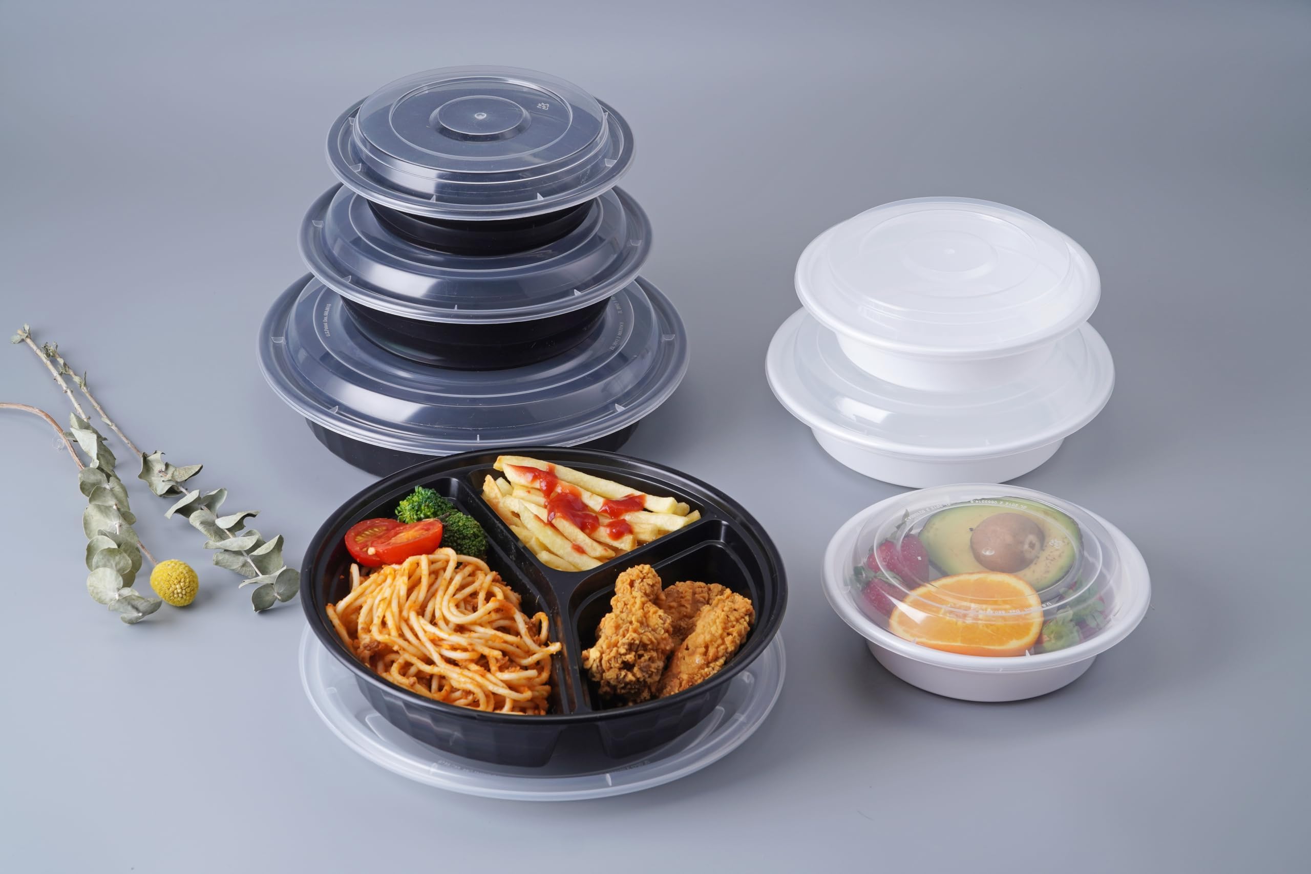 Meal Prep Round Containers -Heavy Duty Food Storage Containers w/Lids Plastic Bento Box Reusable BPA Free Lunch Boxes Disposable, Microwave Dishwasher Freezer Safe (Black - 40OZ, 50 Pack)