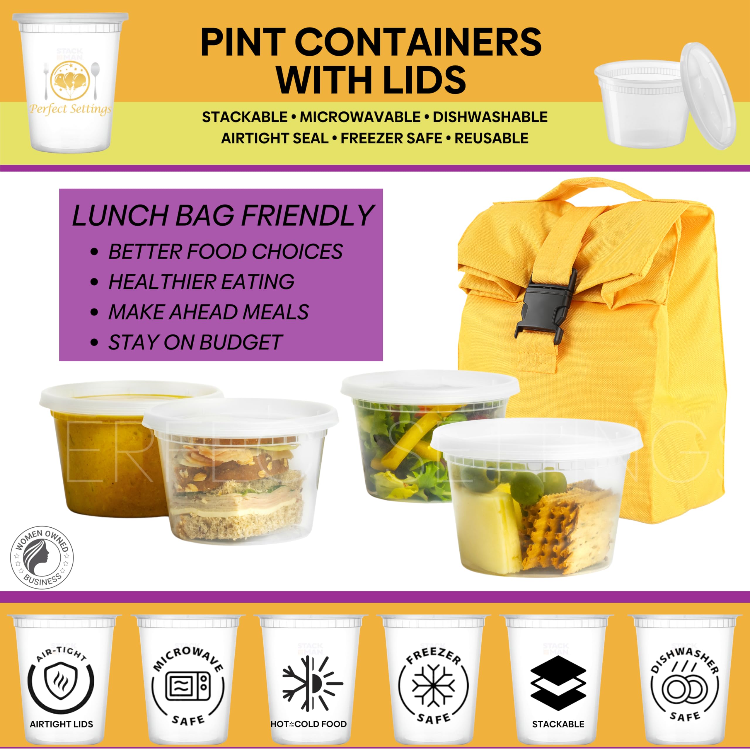 Perfect Settings 16 oz Deli Containers with Lids [40 Sets] Leakproof, Microwavable, Freezer, Dishwasher Safe, Pint Size Plastic Food Storage Container