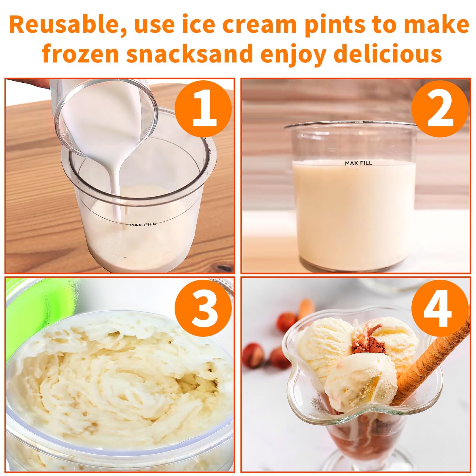 4 Pack Creami Pints and Lids for Ninja, Ice Cream Containers Compatible with Ninja Creami NC299AM C300s Series Ice Cream Maker, Replacement Pints Containers and Lids, BPA-Free & Dishwasher Safe