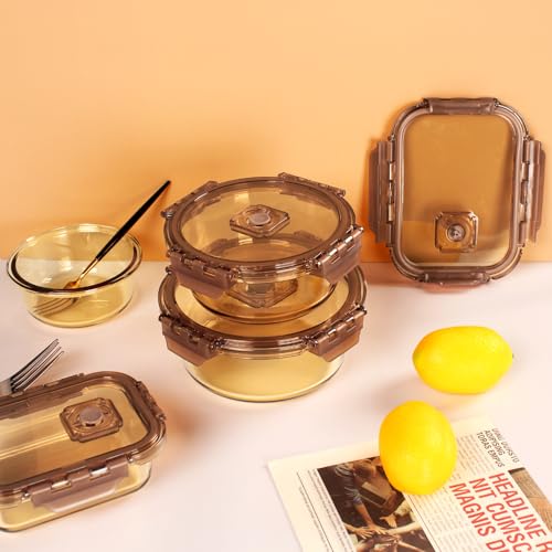 LIUYWYHCF Extra Large Glass Storage/Baking Containers with Lids (6 Pieces Total) Set of 3, Meal Prep Food Airtight and lunch Container, Microwave, Freezer and Dishwasher, Amber Round