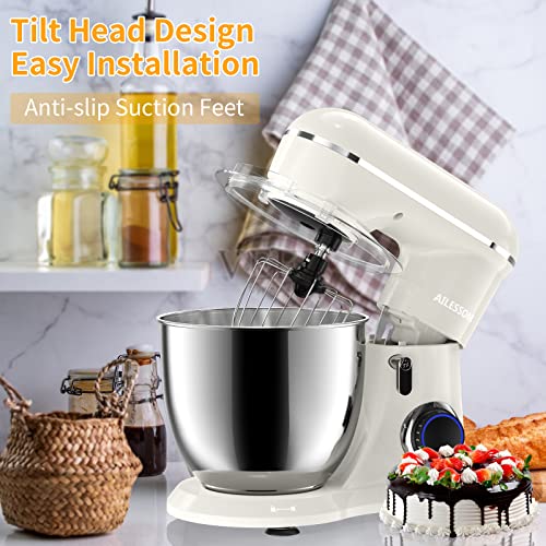 AILESSOM 3-IN-1 Electric Stand Mixer, 660W 10-Speed With Pulse Button, Attachments include 6.5QT Bowl, Dough Hook, Beater, Whisk for Most Home Cooks, Almond Cream
