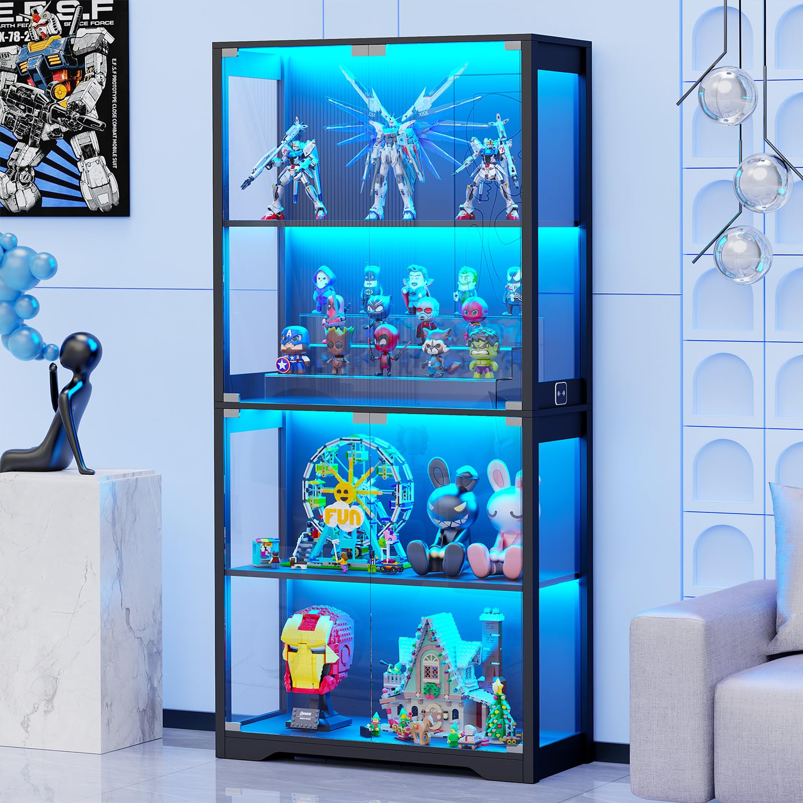 BROTTAR Display Cabinet with Glass Doors, 4-Tier Curio Cabinet with 3 Color Lights for Collectibles, Glass Display Case with Human Body Sensor, Storage Cabinet, Black