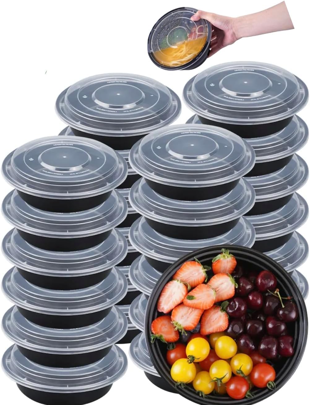 Meal Prep Round Containers -Heavy Duty Food Storage Containers w/Lids Plastic Bento Box Reusable BPA Free Lunch Boxes Disposable, Microwave Dishwasher Freezer Safe (Black - 40OZ, 50 Pack)