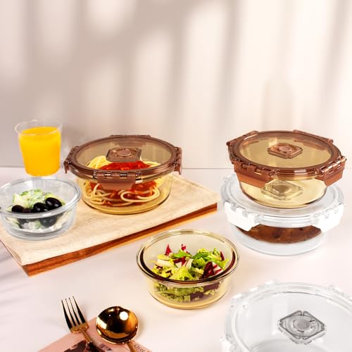 LIUYWYHCF Extra Large Glass Storage/Baking Containers with Lids (6 Pieces Total) Set of 3, Meal Prep Food Airtight and lunch Container, Microwave, Freezer and Dishwasher, Amber Round