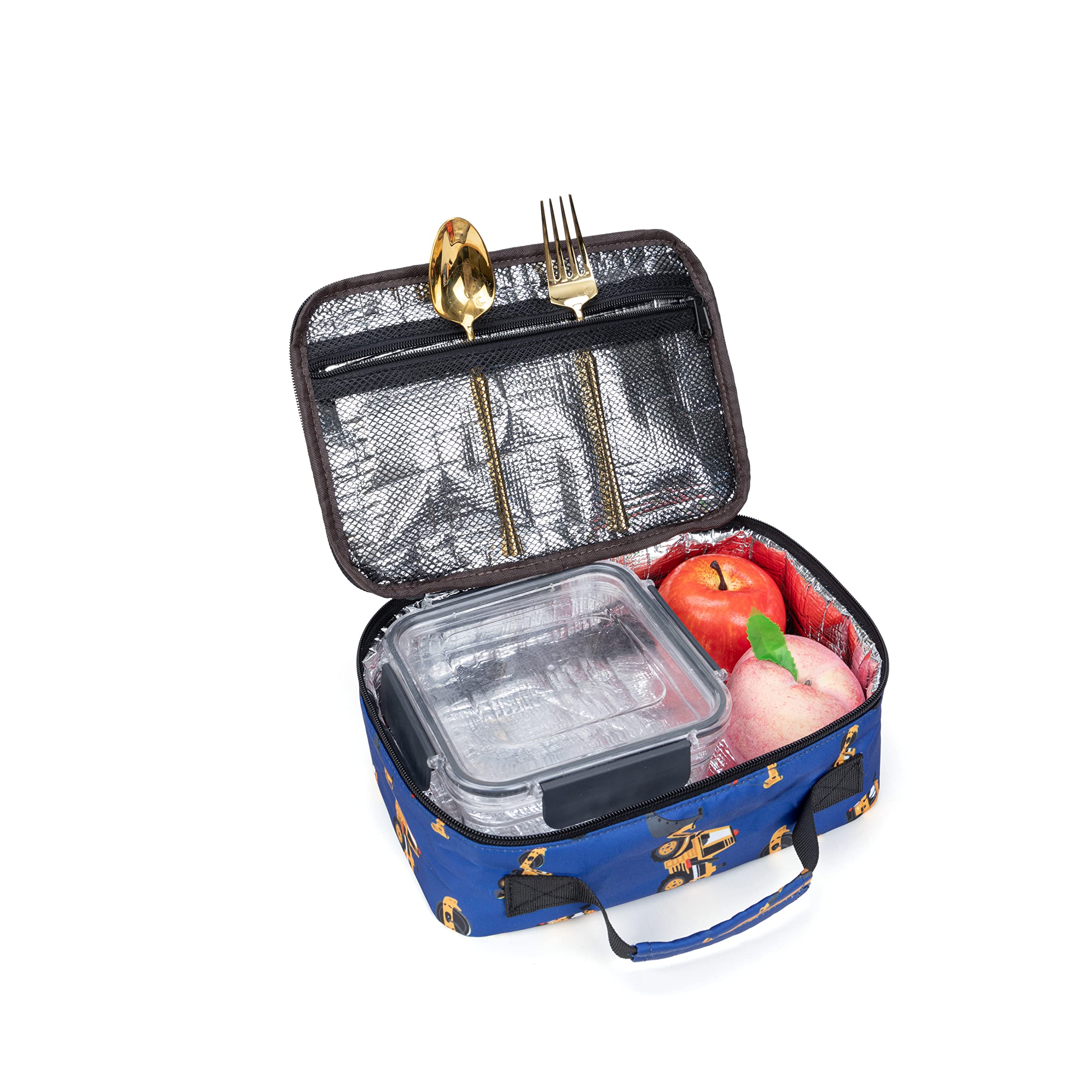 Lunch Box Kids Boys Insulated Lunch Cooler Bag Reusable Lunch Tote Kit for School Travel (Engineering Car Blue)