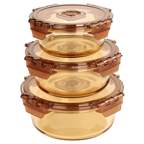 LIUYWYHCF Extra Large Glass Storage/Baking Containers with Lids (6 Pieces Total) Set of 3, Meal Prep Food Airtight and lunch Container, Microwave, Freezer and Dishwasher, Amber Round