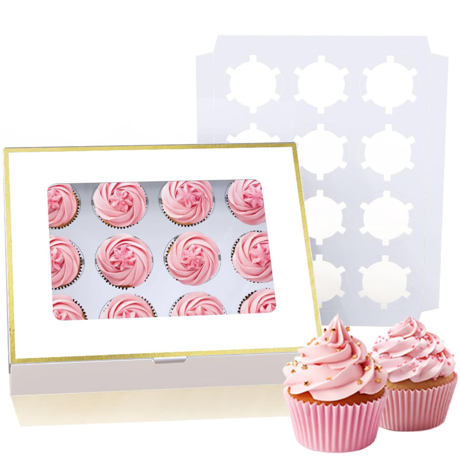 Gold-Trimmed Cupcake Boxes - 12 Count Cupcake Containers with Removable Inserts, Transparent Window Cupcake Holder (5 Pack)