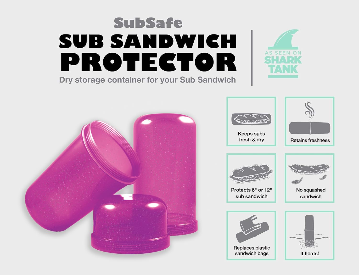 SubSafe Sub Sandwich Waterproof Food Storage Container, BPA-Free Plastic,Neon Purple with Glitter